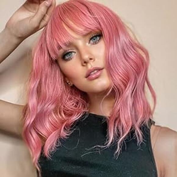 Unbranded | Accessories | Womens Short Solid Pink Wigs Curly Wavy ...